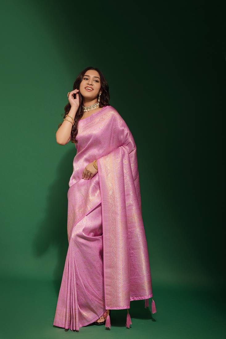 Wevon Kanjivaram Designer Pink Colour Silk Fabric Saree For Fancy ...