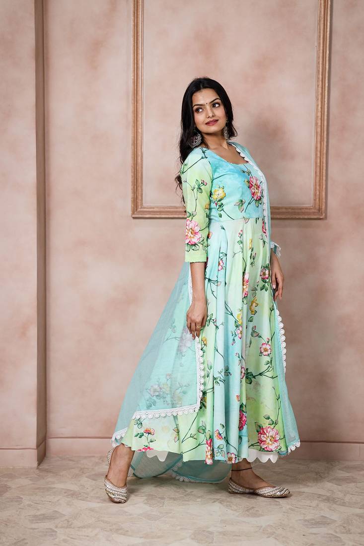 BK Medium Turquoise floral printed Dress - Bullionknot - 4062177