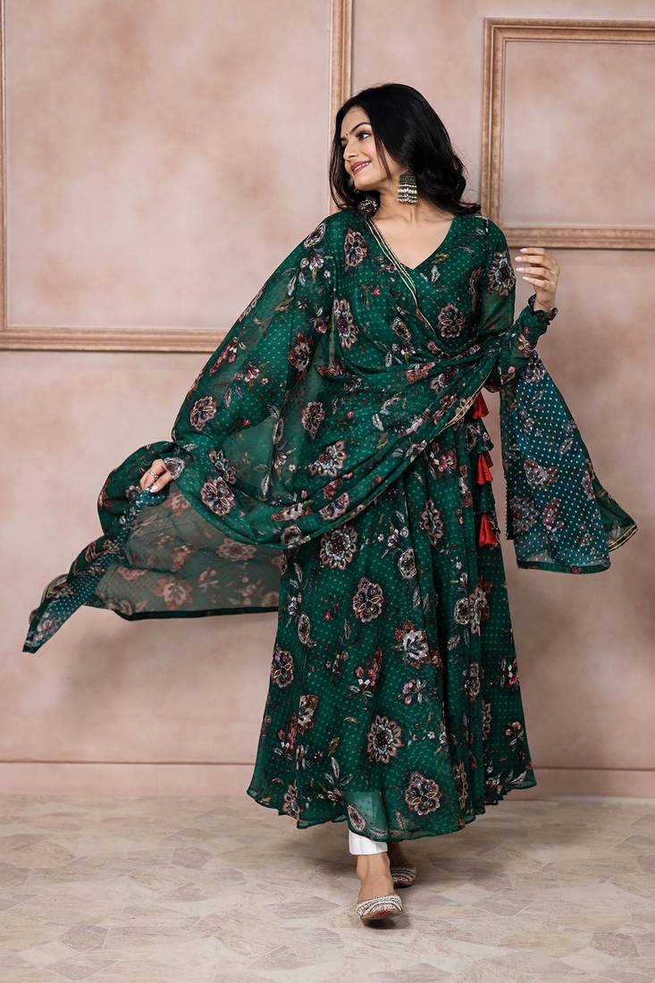 bk Green Chilly chiffon printed Dress - Bullionknot - 4062197