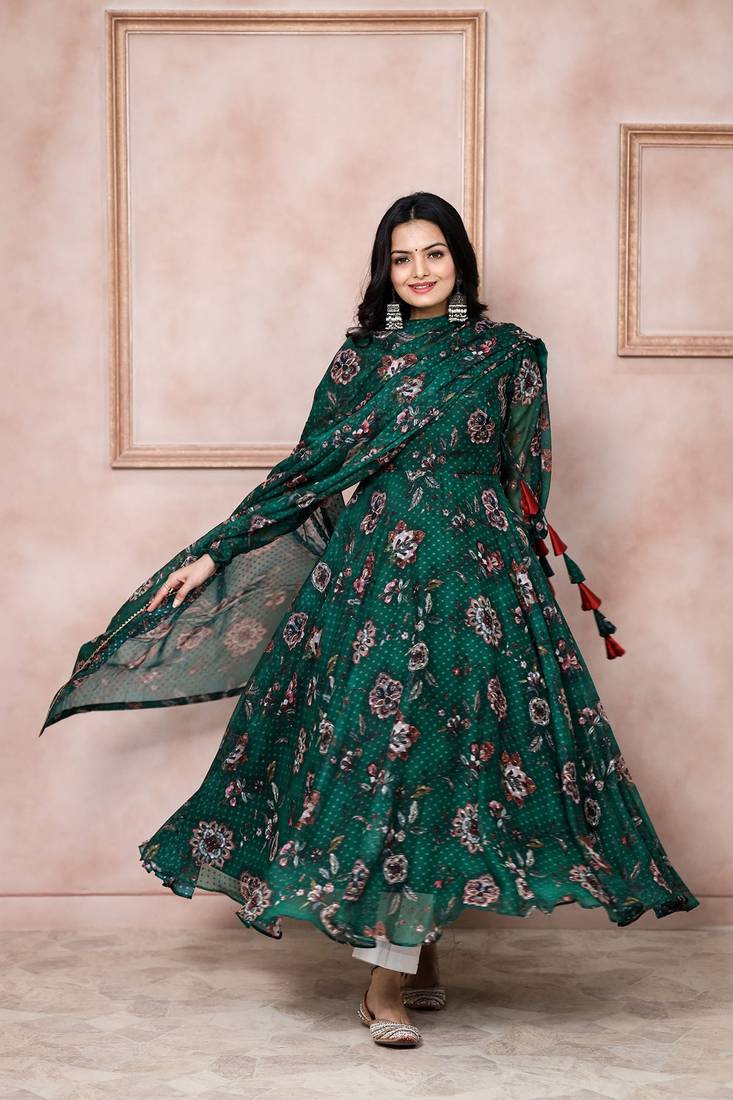 bk Green Chilly chiffon printed Dress - Bullionknot - 4062197
