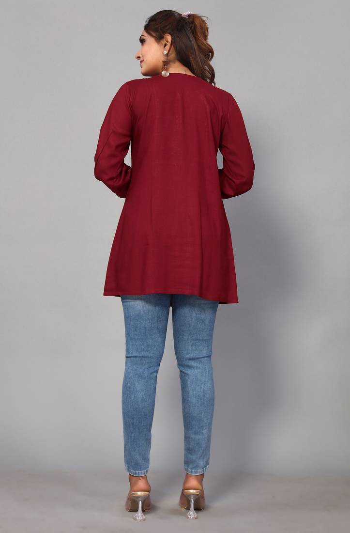 Ethnic And Classy Maroon Colour Short Kurti With Floral Embroidery Work ...