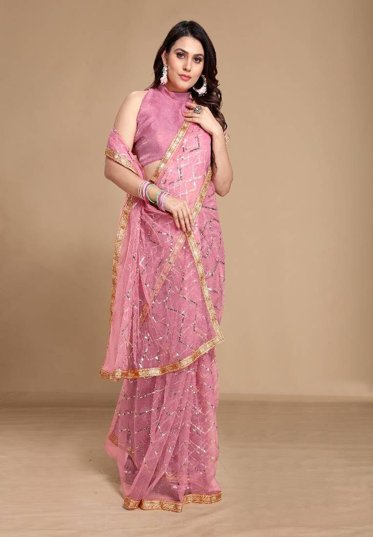 Soft net saree with Sequence work with embroidered border with blouse ...