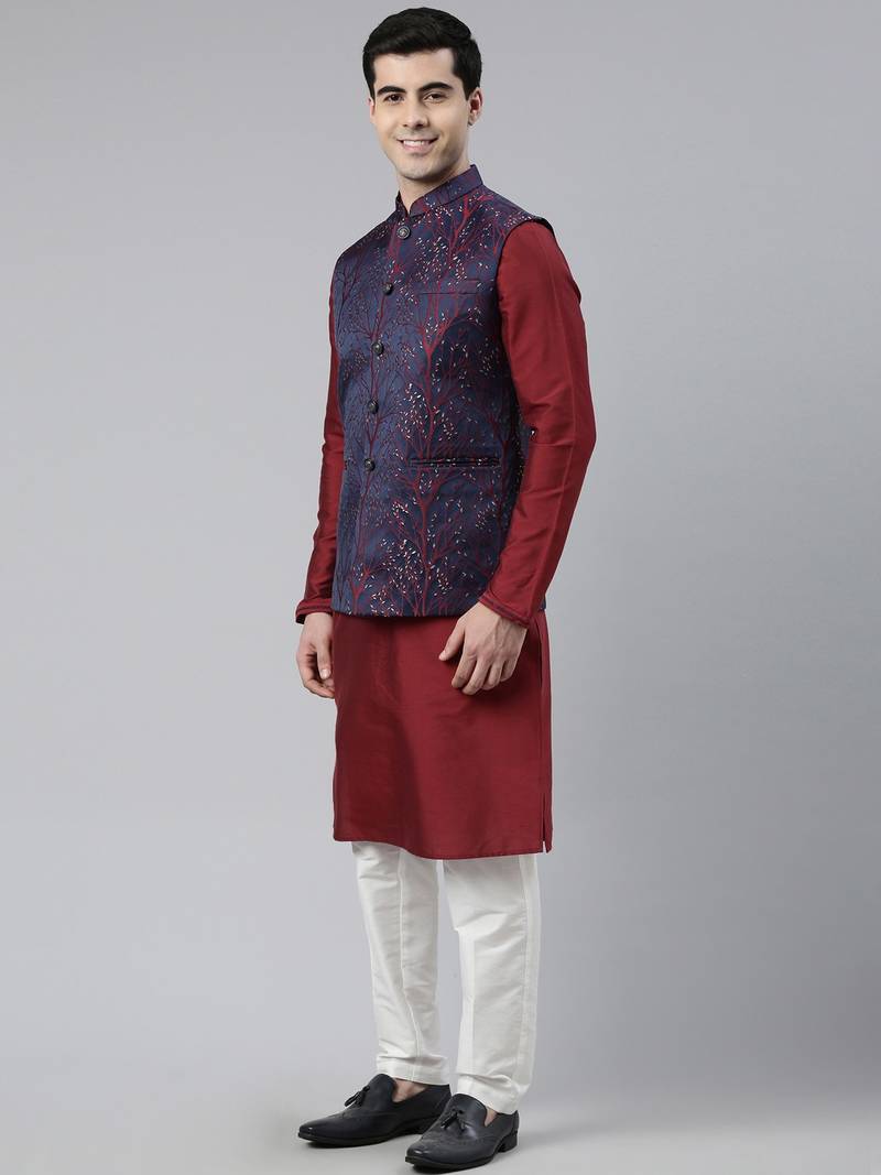 Navy Maroon Jacquard Jacket With Maroon Kurta - The Ethnic.Co - 4063237