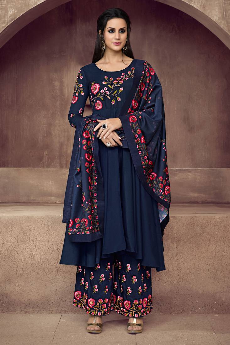 Blue embroidered cotton silk salwar - Maahi Styles - 4063477