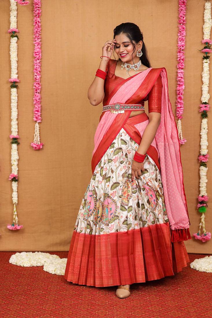 BK Kalavati Kalamkari Half Saree with belt - Bullionknot - 4063697