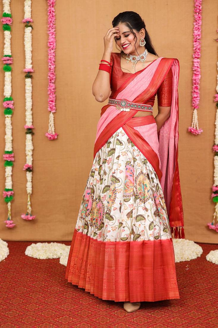 BK Kalavati Kalamkari Half Saree with belt - Bullionknot - 4063697