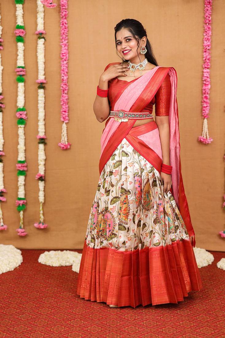 BK Kalavati Kalamkari Half Saree with belt - Bullionknot - 4063697