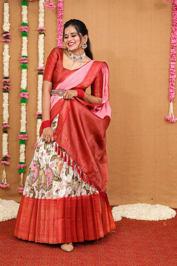 BK Kalavati Kalamkari Half Saree with belt - Bullionknot - 4063697
