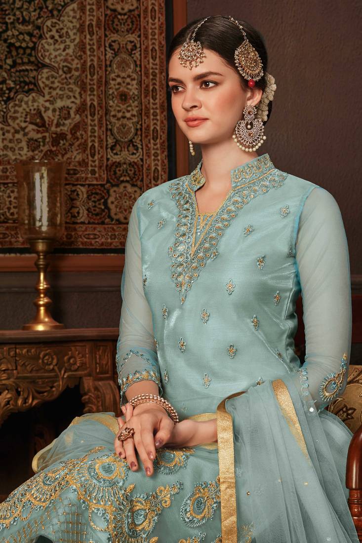 Blue Embroidered Net Salwar Up To 42" Size - Maahi Styles - 4063992