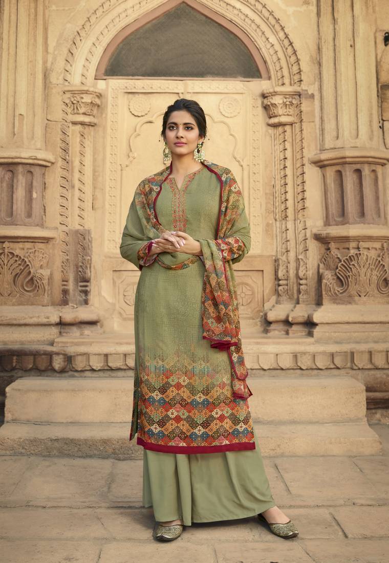 Green Digital Printed, Embroidery Work French Crape unstitched Long ...