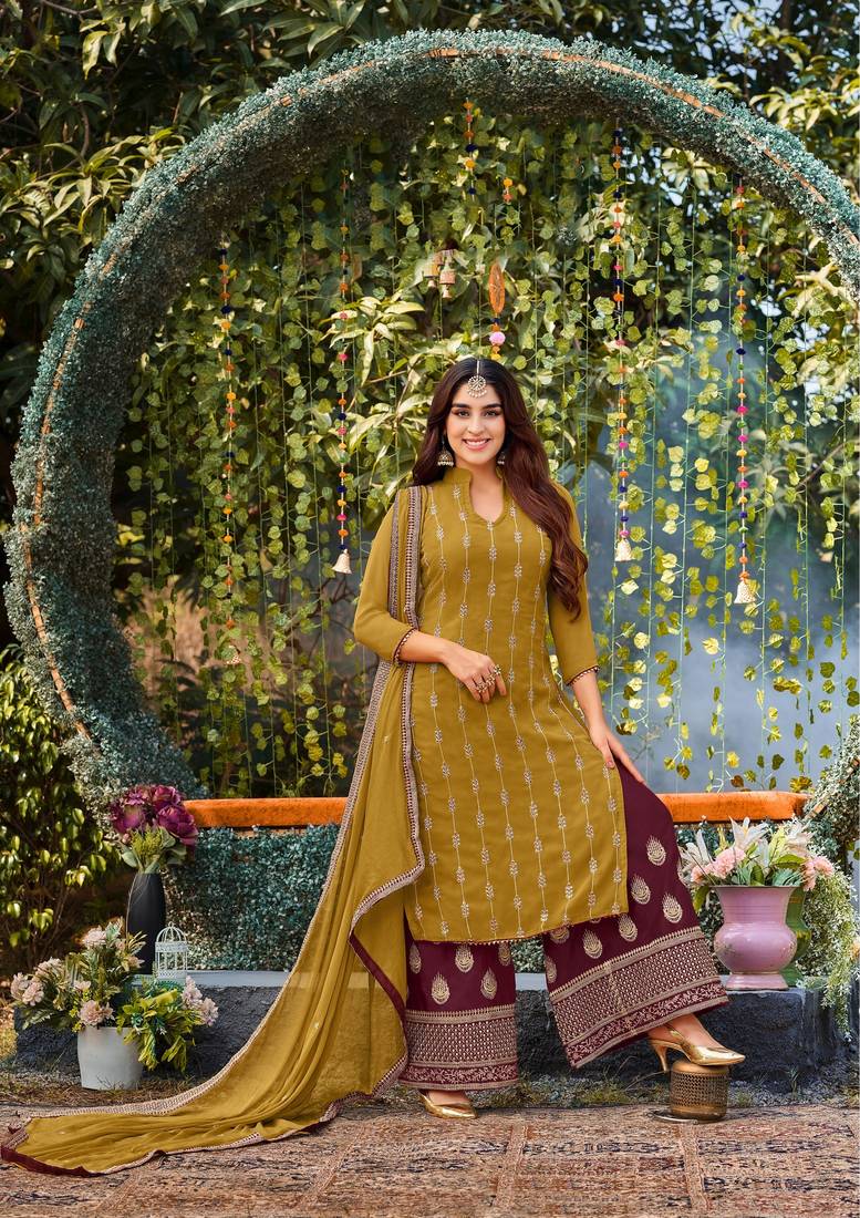 Mustard Designer Badla Embroidery Work Faux Georgette unstitched Long ...