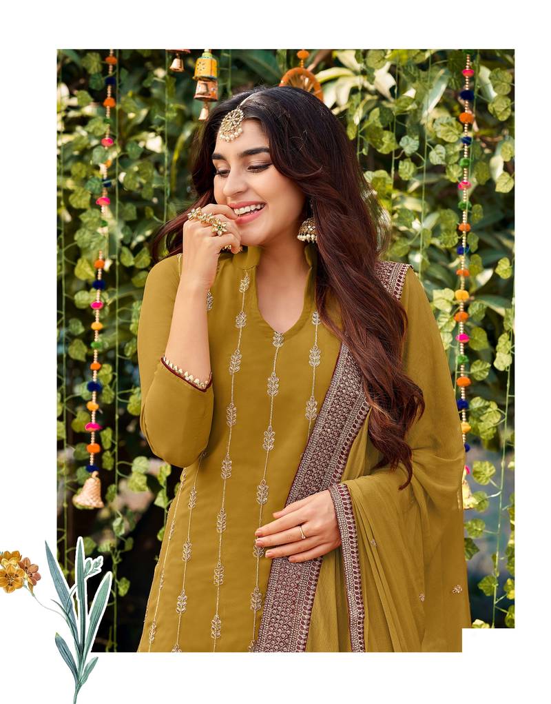 Mustard Designer Badla Embroidery Work Faux Georgette unstitched Long ...