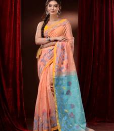 Peach Cotton Handspun Saree With Polka Buttas And Floral Borders ...