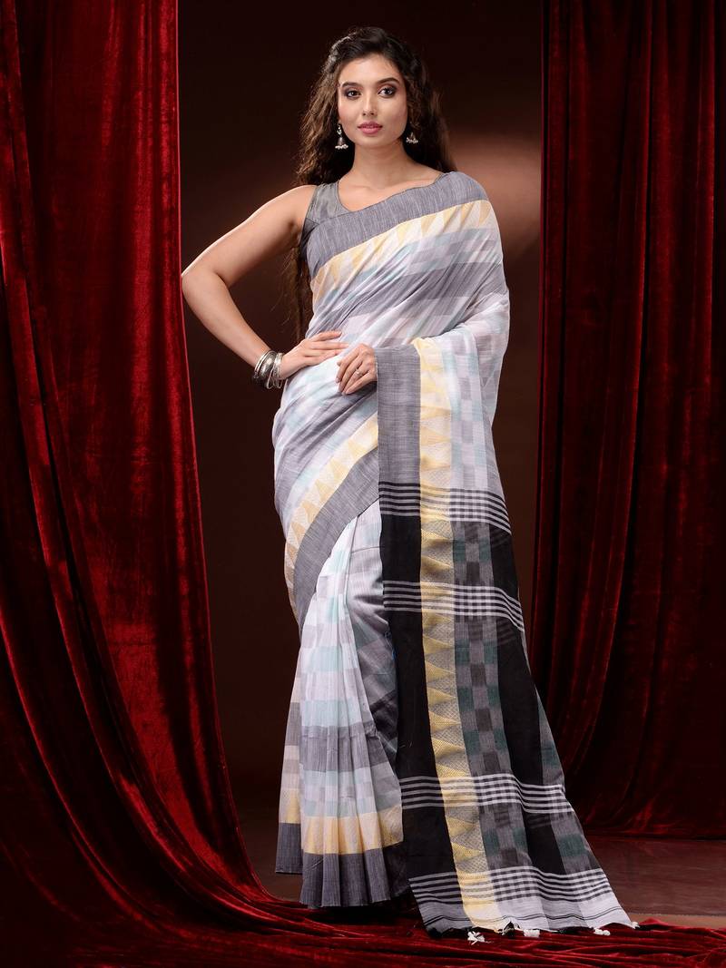 White And Grey Pure Cotton Handwoven Checkered Saree With Geometric ...