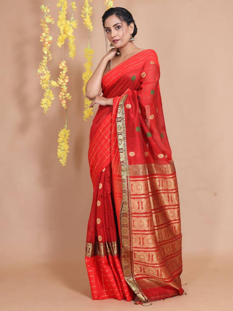 Maroon Blended Cotton Handwoven Saree With Geometric Patterns And ...