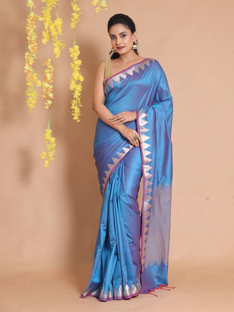 Cerulean Blue Silk Handwoven Dualtone Saree With Zari Temple Borders ...
