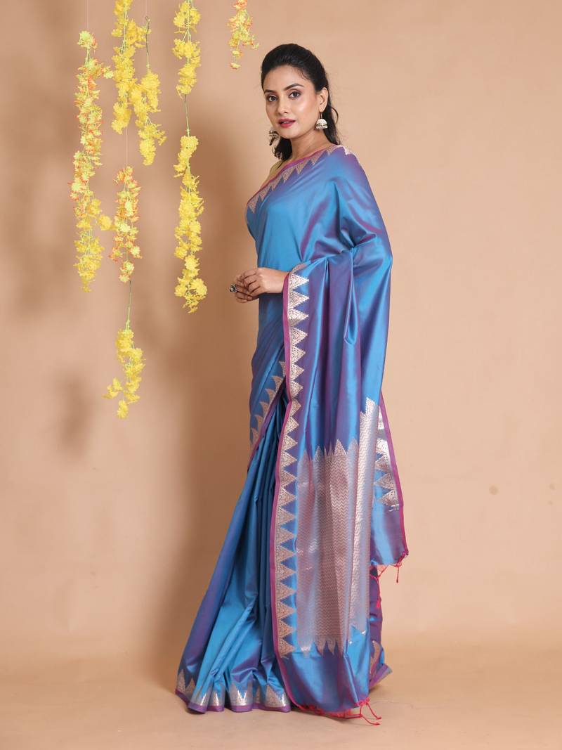 Cerulean Blue Silk Handwoven Dualtone Saree With Zari Temple Borders ...