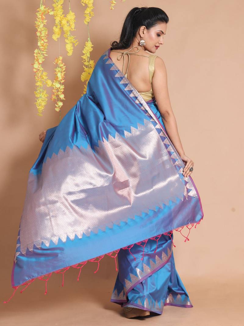 Cerulean Blue Silk Handwoven Dualtone Saree With Zari Temple Borders ...