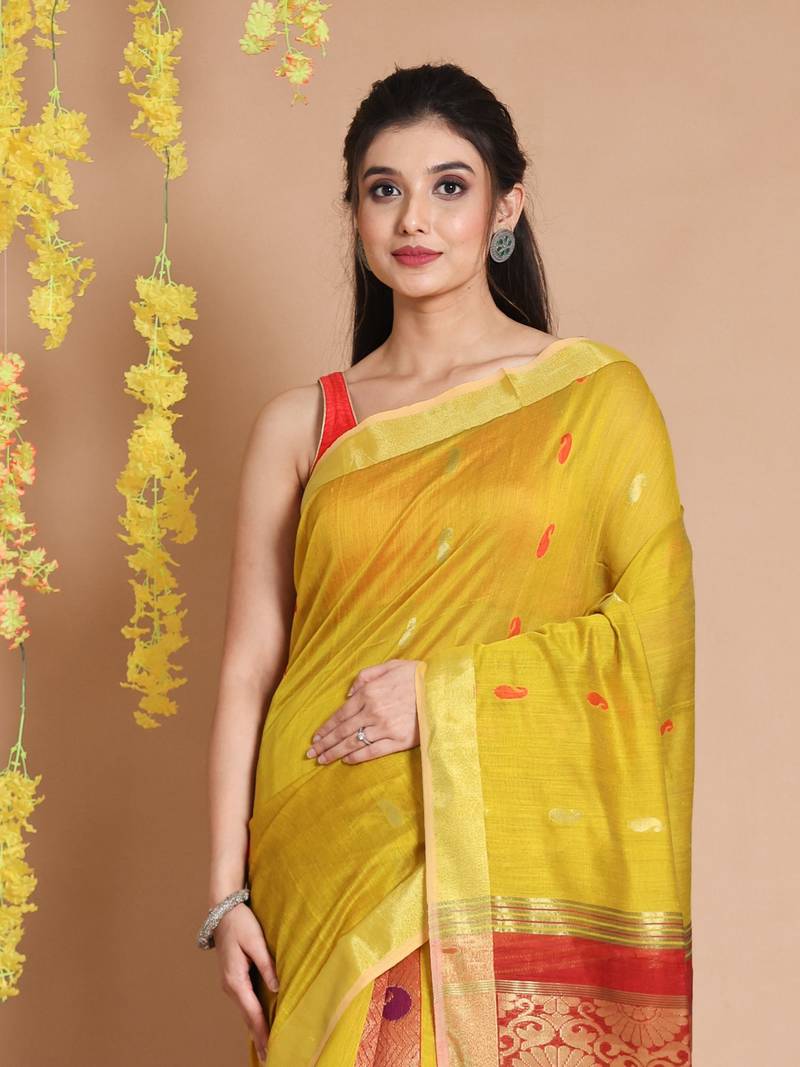 Mustard Yellow Blended Cotton Handwoven Patli Pallu Saree With Paisley ...