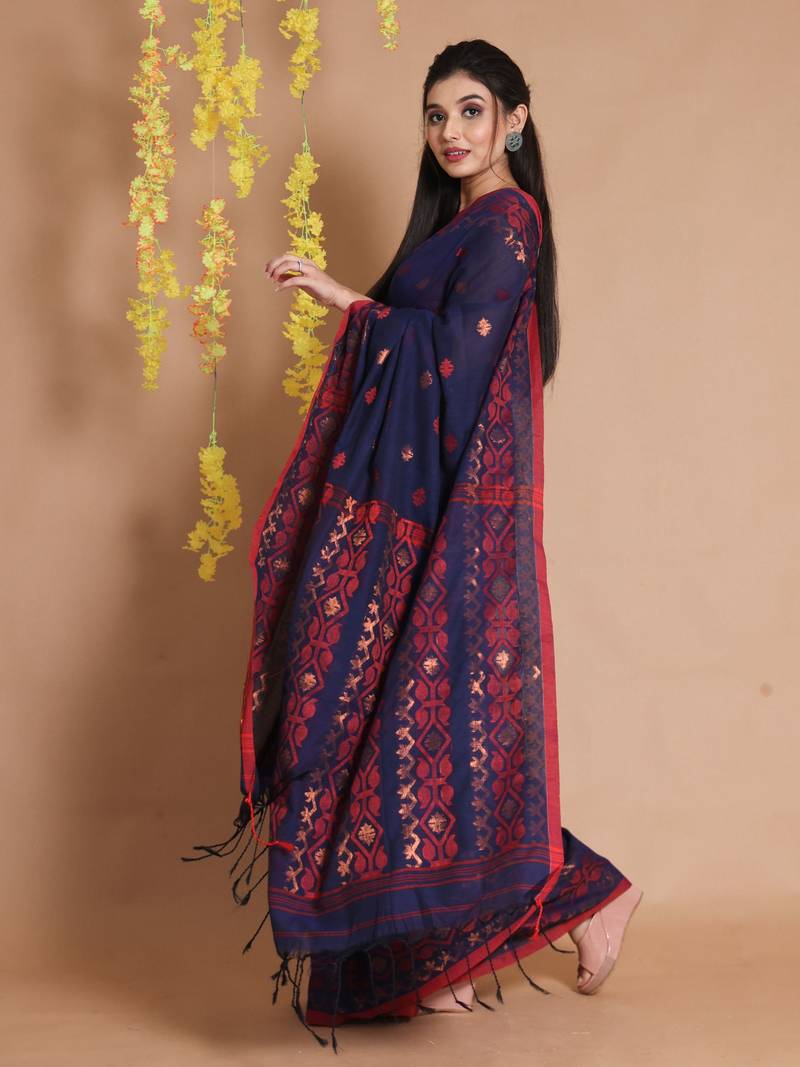 Navy Blue Cotton Saree With Woven Jamdani Designs - Charukriti - 4068119