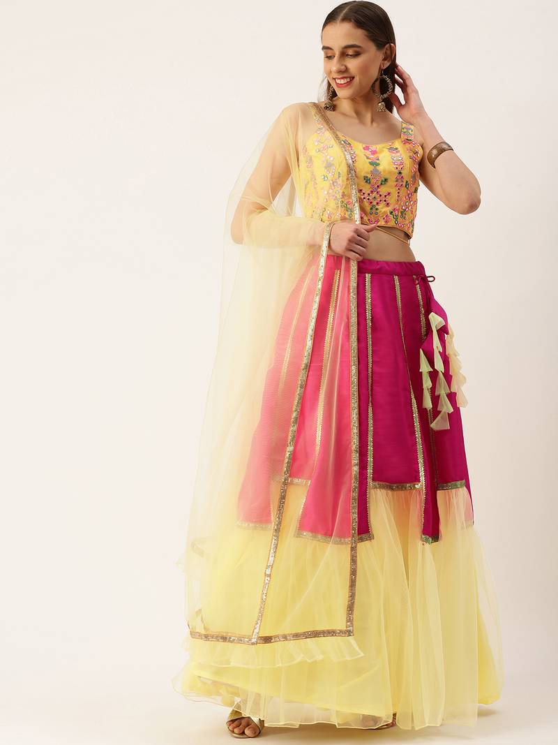 Ethnovog Ready To Wear Yellow N Pink Embroidered Styled Kali Lehenga ...