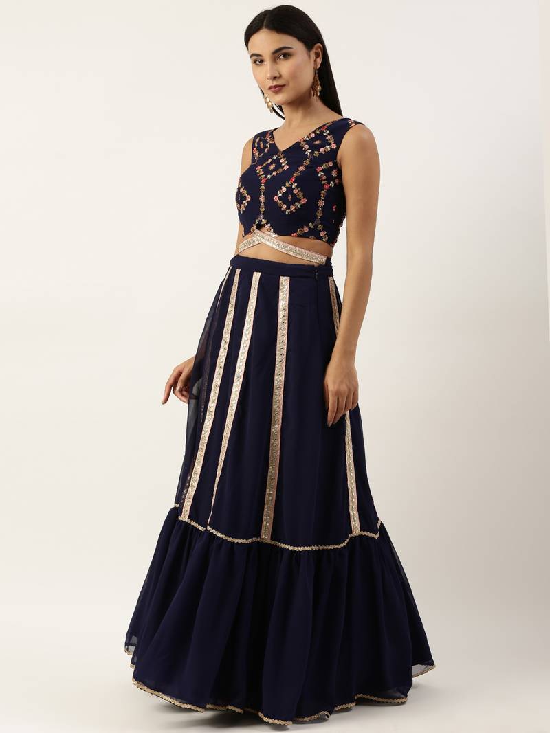 Ethnovog Ready To Wear Navy Blue Embroidered Jacket Style Lehenga Set ...