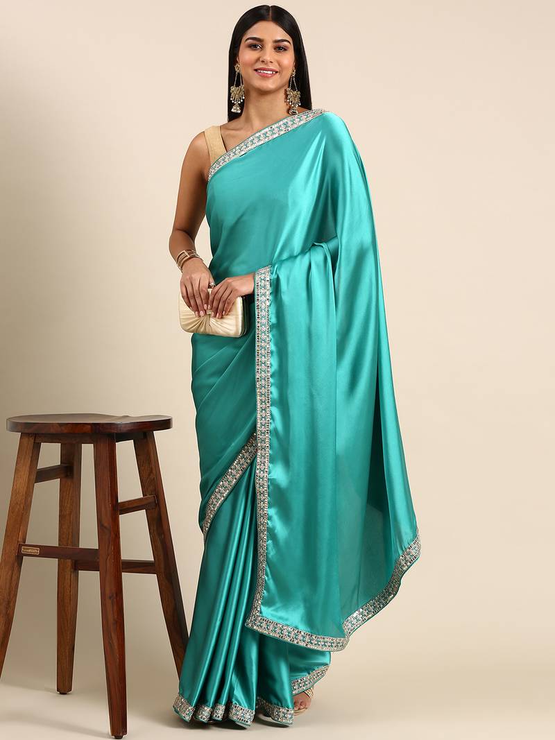 Kasee Fancy Firozi Satin Plain Saree With Sequence Border - Kasee - 4068481