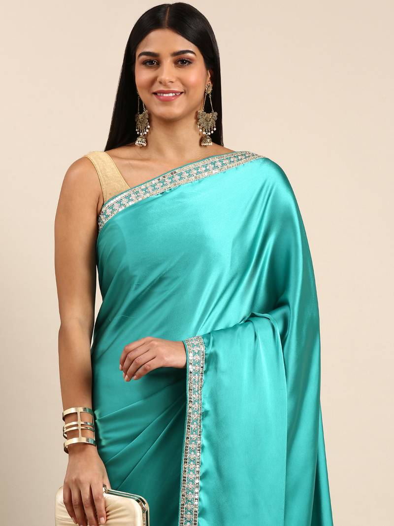 Kasee Fancy Firozi Satin Plain Saree With Sequence Border - Kasee - 4068481
