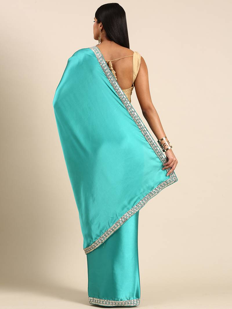 Kasee Fancy Firozi Satin Plain Saree With Sequence Border - Kasee - 4068481