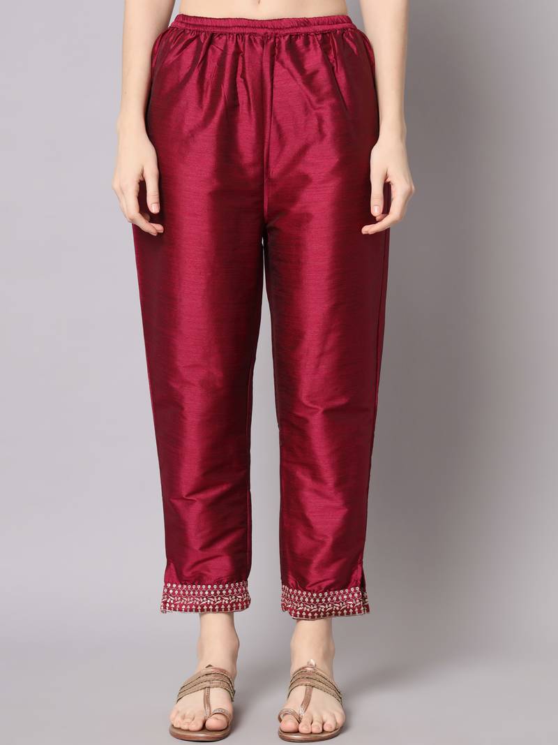 Red embroidered cotton silk salwar - VredeVogel - 4069322