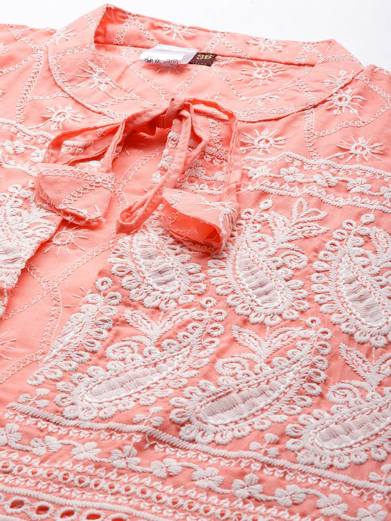 Peach embroidered blended cotton women jackets - Aarika - 4070165