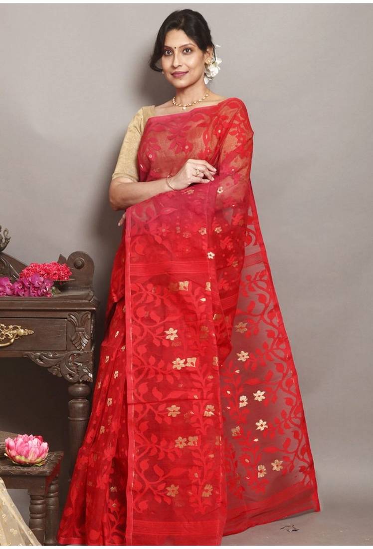 Red Tant Cotton Saree Without Blouse - All Silks - 4071848