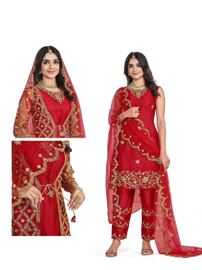Classy Looking Red Colour Embroidered Salwaar Kameez On Net Fabric With ...