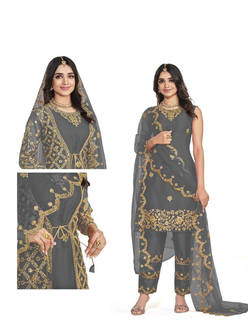 Classy Looking Grey Colour Embroidered Salwaar Kameez On Net Fabric ...