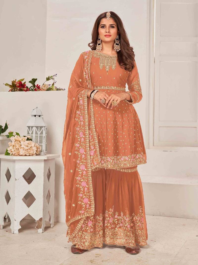 Amazing Looking Sharara Suit In Chiku Colour Georgette Fabric With ...