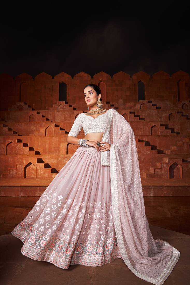 Women's Wear Peach Georgette And Sequins With Embroidered Work For ...