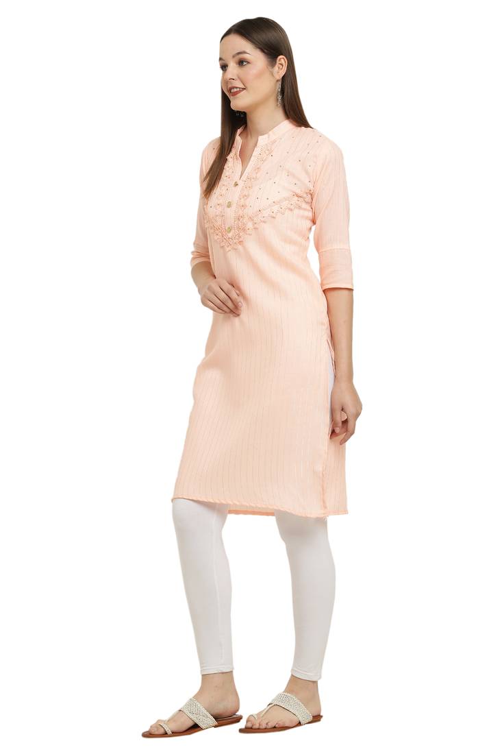 Women Lace Design Pure Cotton Straight Kurti (Peach) - DARKBLACK Style ...