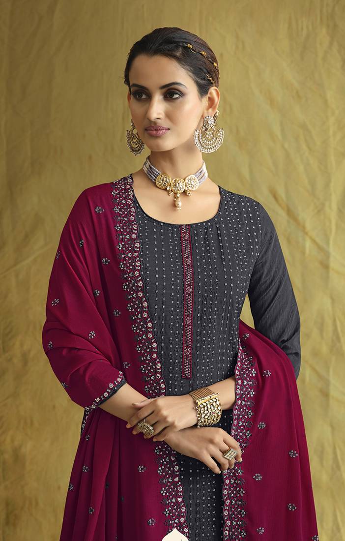 Grey Sangeet Chinnon Pakistani Salwar Suit - Hirpara House - 4075536