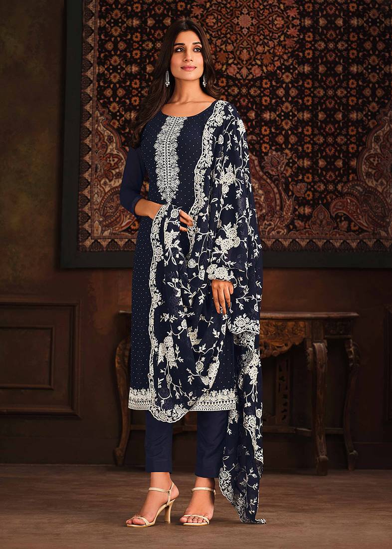Dark blue Color Georgette Embroidered Salwar Suit - Hirpara House - 4075562