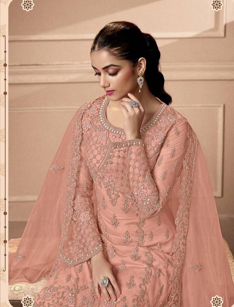Peach color Net Embroidered Stright Salwar Kameez - Hirpara House - 4075579