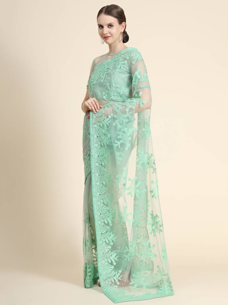 Light green embroidered net saree with blouse - Canizzaro - 4076040