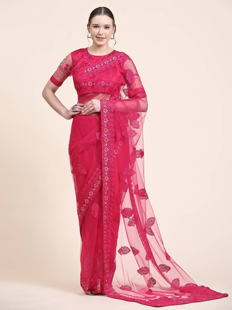 Dark rani pink embroidered net saree with blouse - Canizzaro - 4076209