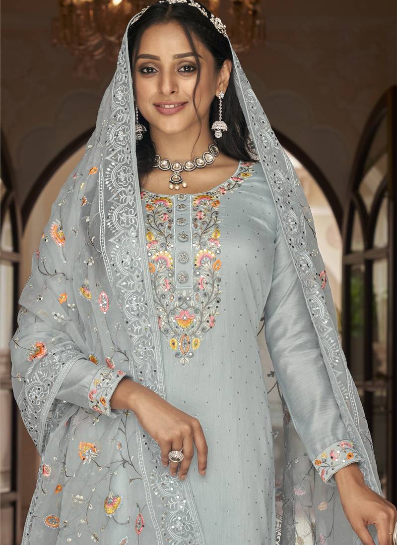 Grey Georgette Straight Suit - KREATAGHNA COLLECTION - 4076934