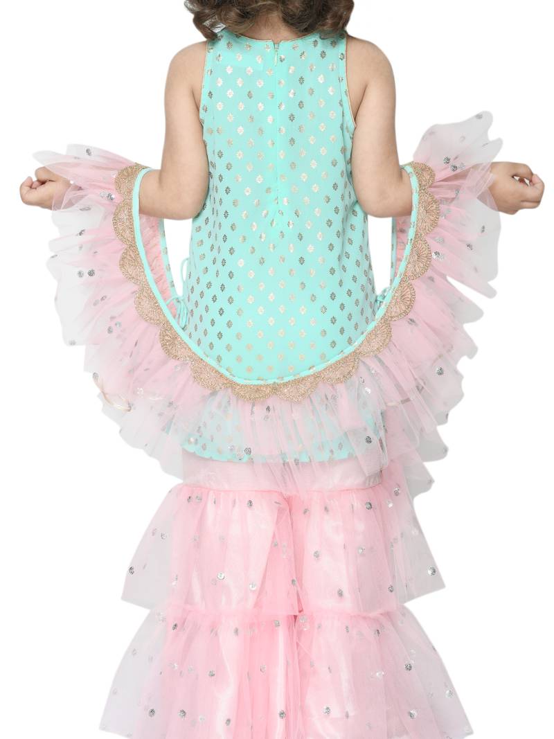 Green hand woven silk blend girls-top-bottom - Saka Designs - 4076972