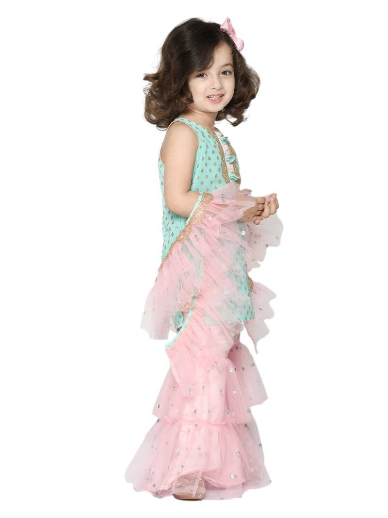 Green hand woven silk blend girls-top-bottom - Saka Designs - 4076972