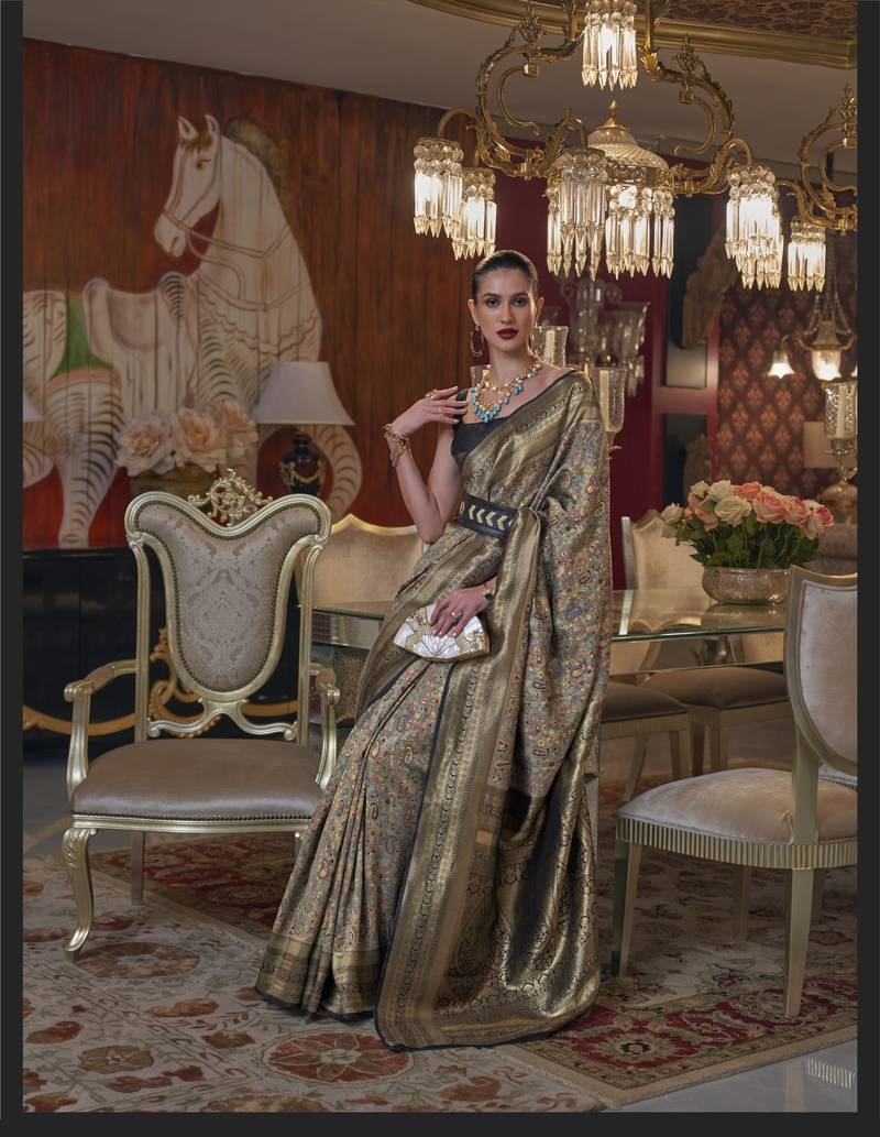 Dark Black Latest Handloom Kashida Silk Weaving Zari Work Festive Wear ...