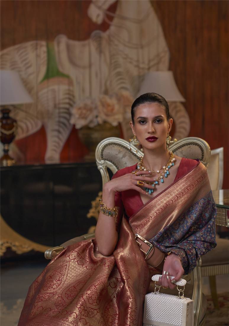 Navy Blue Latest Handloom Kashida Silk Weaving Zari Work Festive Wear ...