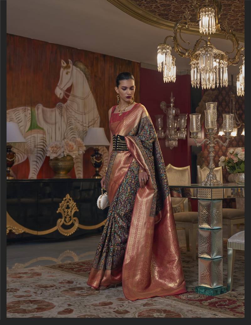 Grey Red Latest Handloom Kashida Silk Weaving Zari Work Festive Wear ...