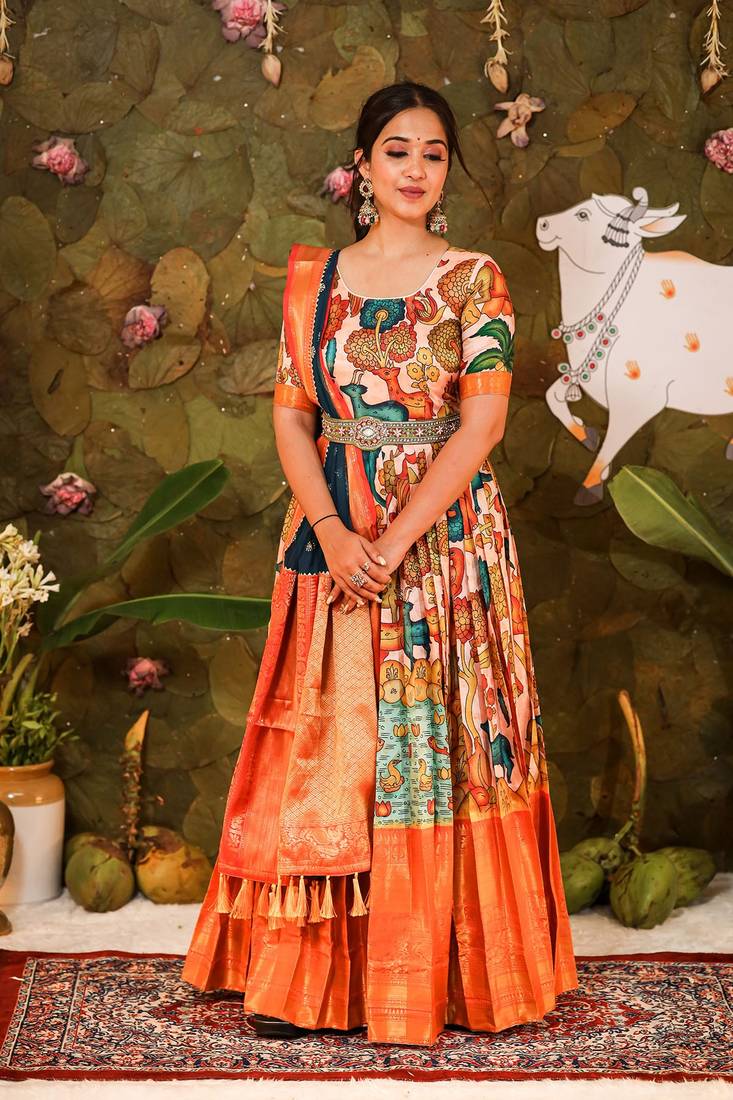 BK Machlipatnan pattu Dress with dupatta and belt - Bullionknot - 4080091