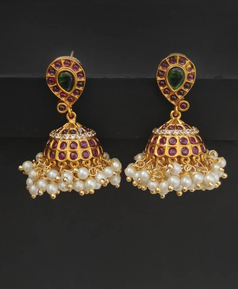 Gold ruby jhumkas - BellaMoire - 4081580